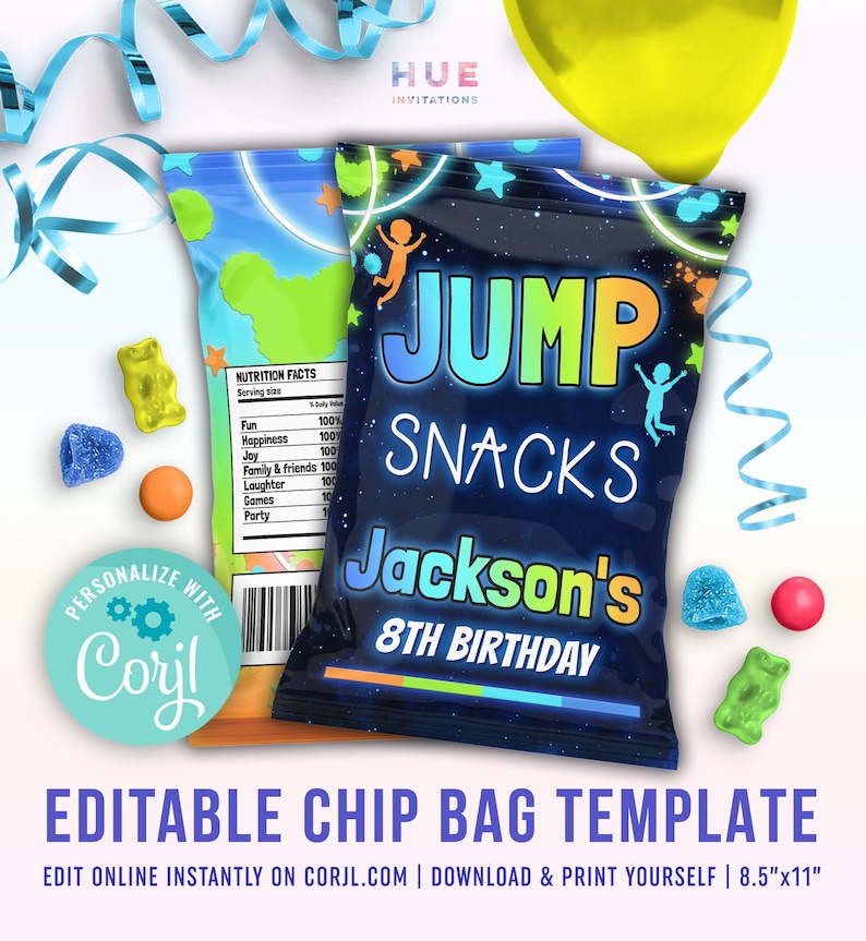 Boys Jump Party Chip Bag Labels Editable Template | Glow Jump Tumble ...