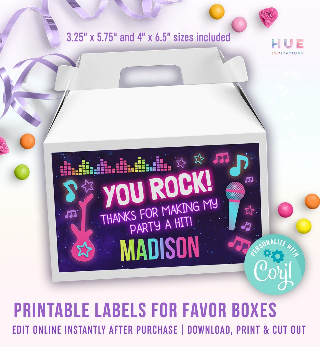 Printable Rock Star Birthday Favor Box Labels Editable on Corjl ...