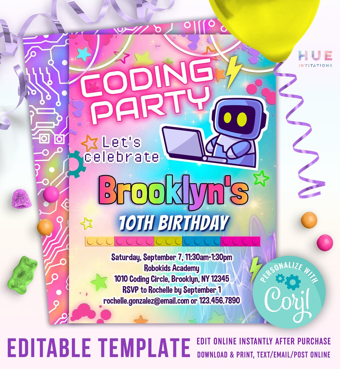 Girls Coding Birthday Party Invitation | Computer Coding & Robotics ...