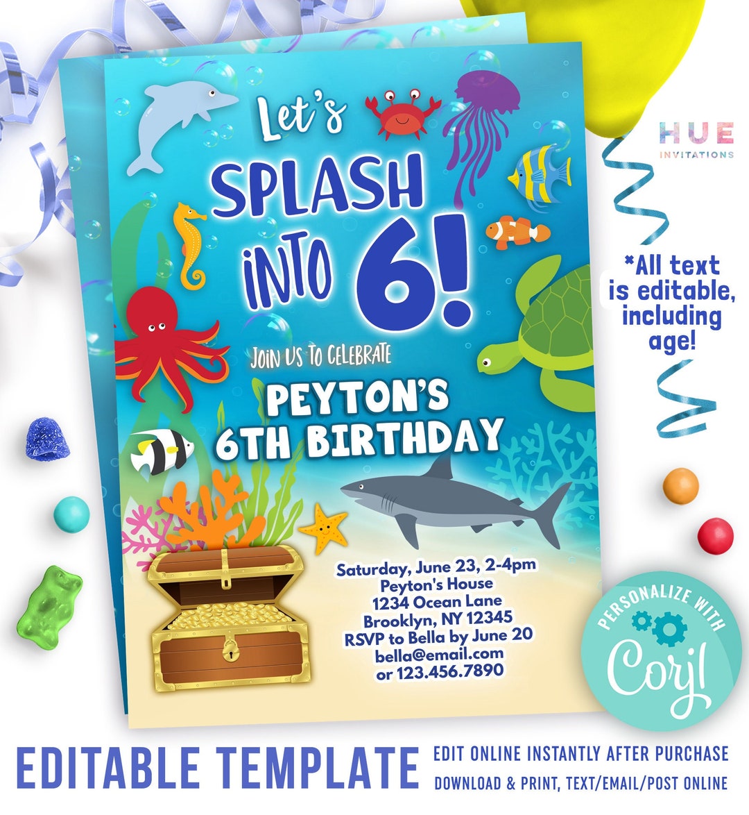Splash Into Six 6th Birthday Invitation for Boy or Girl | Under the Sea ...