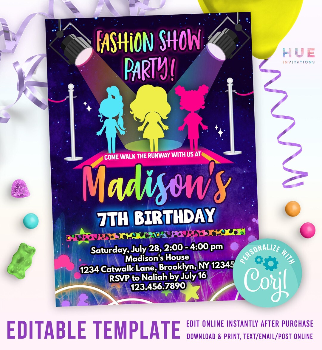 Fashion Show Birthday Invitation Editable Template Dress-up Party ...