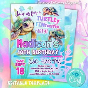 Cute Sea Turtle Birthday Party Invitation | Turtle-y Fin-tastic Sea ...