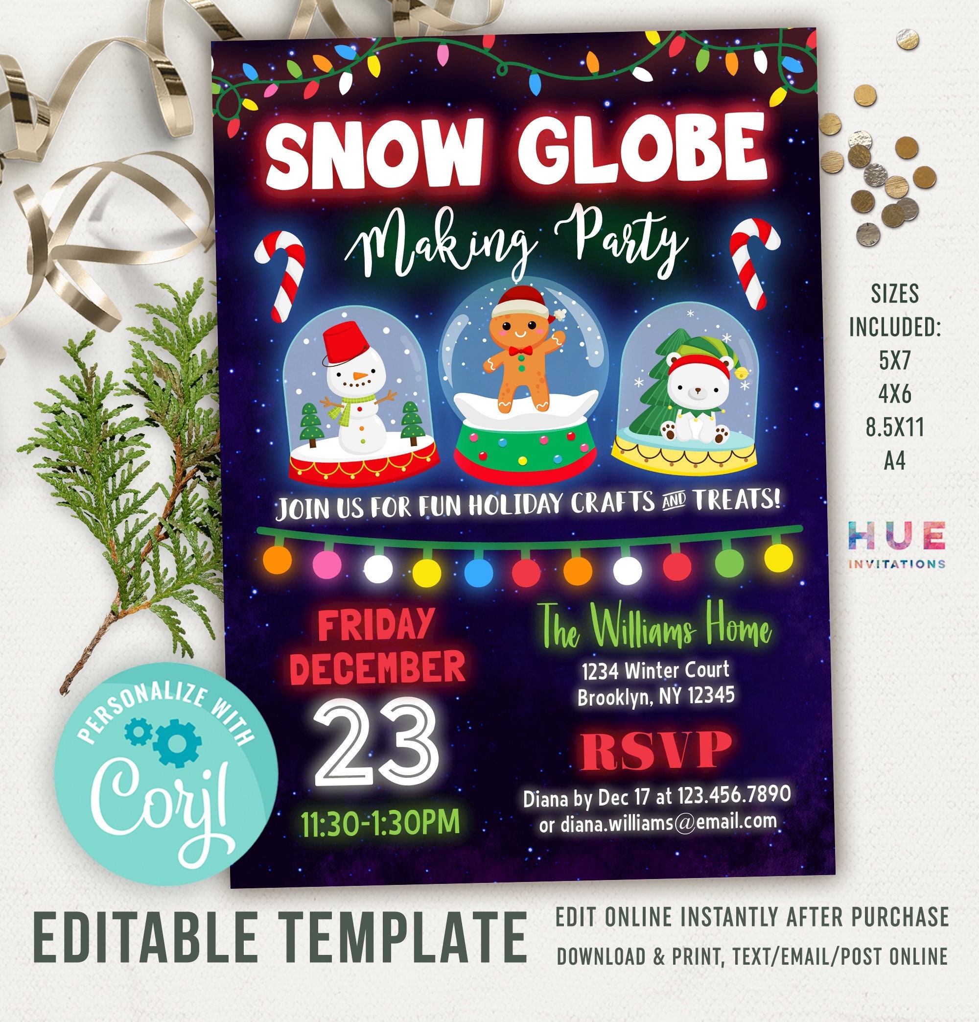 Snow Globe Making Party Invitation | Colorful Holiday Crafts Party ...