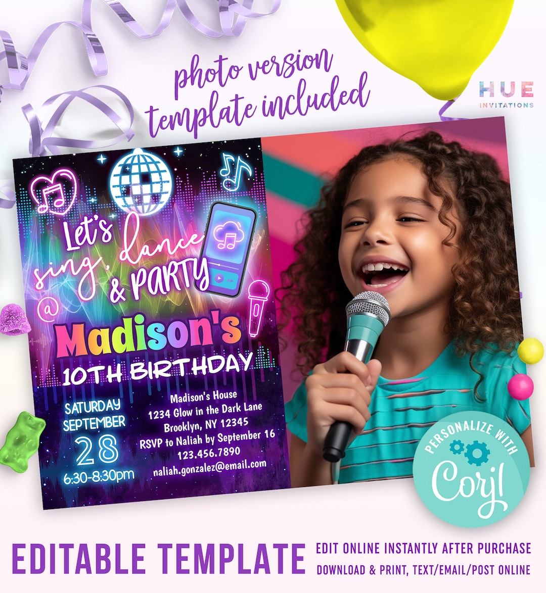 Sing, Dance & Party Birthday Invitation With a Photo | Rainbow Glow ...