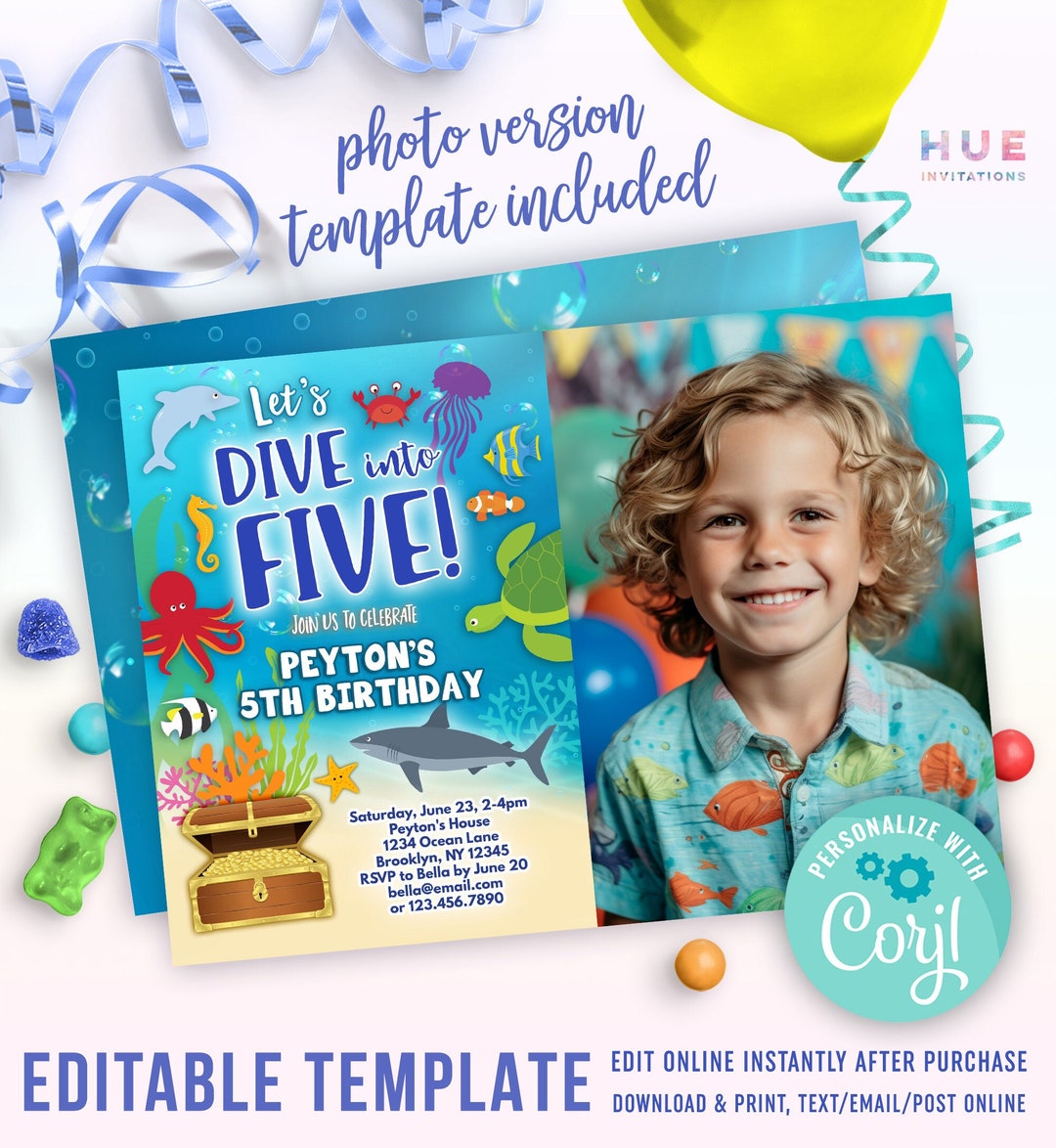 Boys Dive Into Five 5th Birthday Invitation | Under the Sea Theme 5th ...