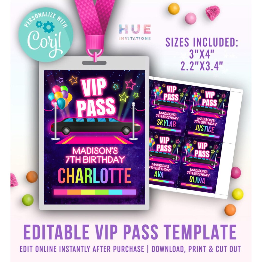 Black Limo Party VIP Pass Printable Template for Lanyards | Girls VIP ...