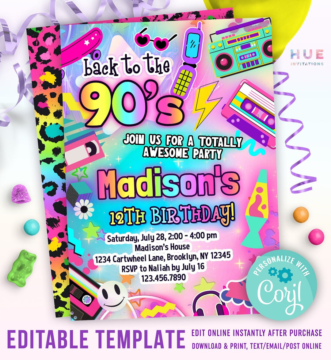 Back to the 90's Birthday Invitation Editable Template | Girls Neon ...