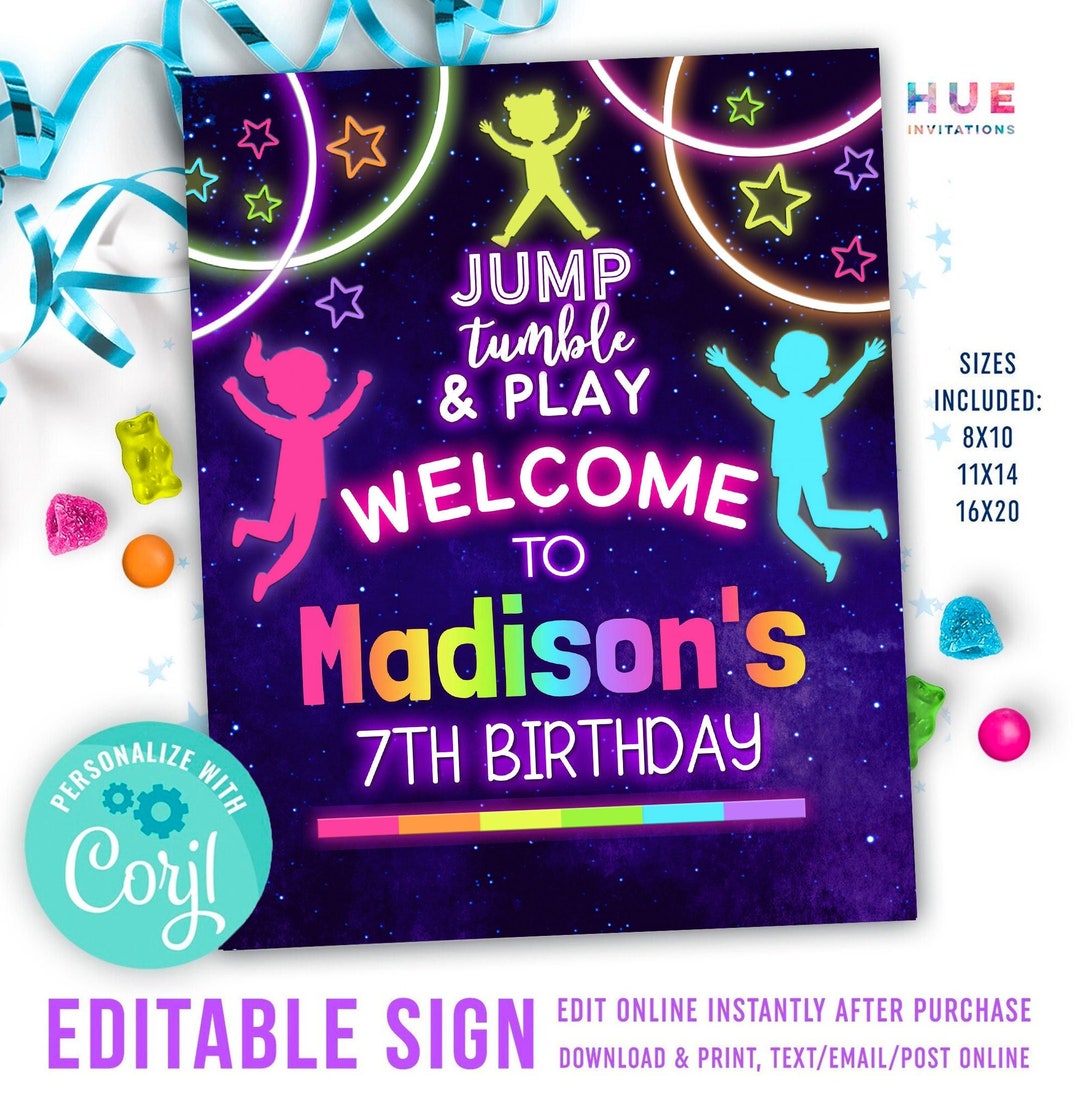 Editable Welcome Sign for Girls Jump Tumble & Play Birthday Party ...