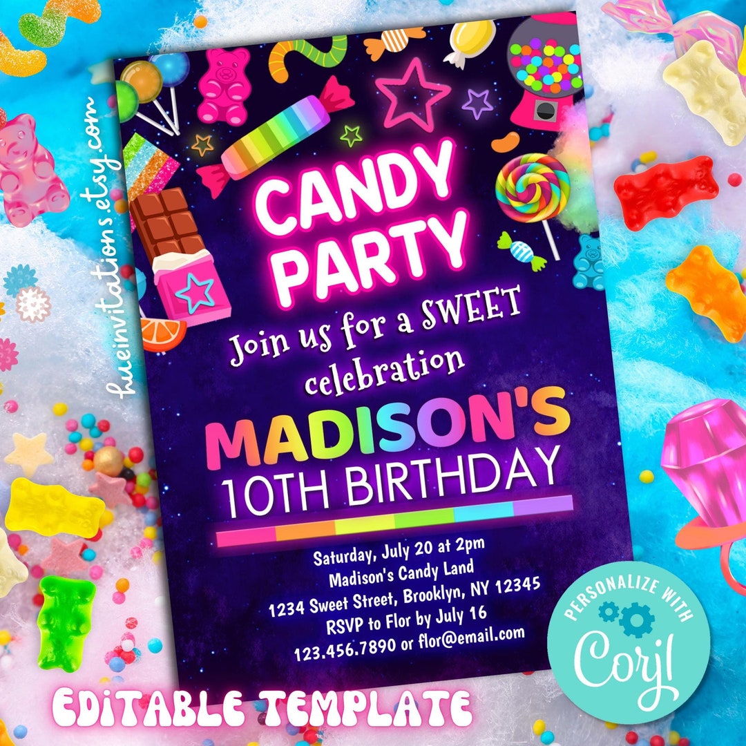 Candy Party Invitation Editable Template | Sweet Celebration Candy ...