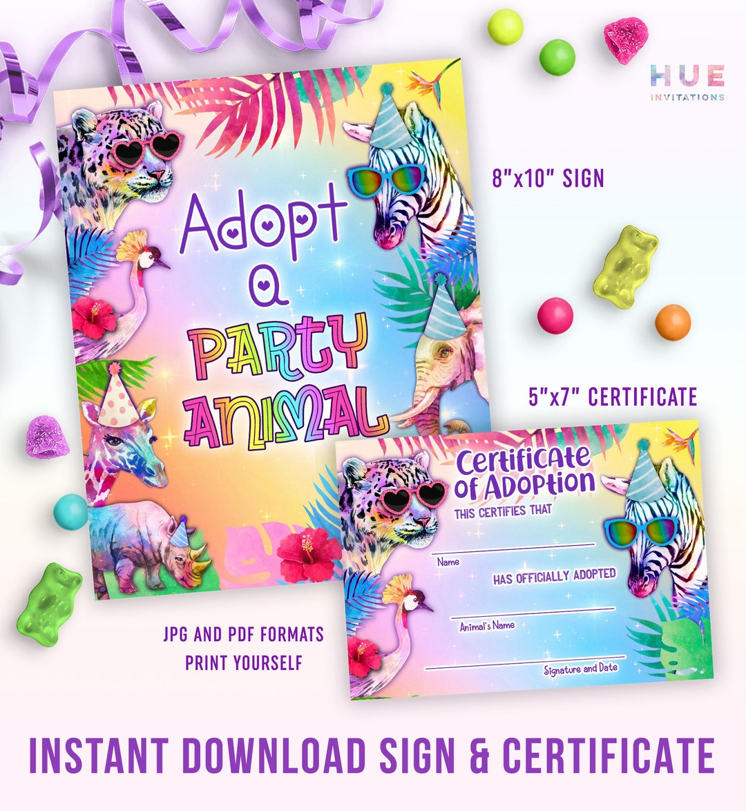 Rainbow Adopt a Party Animal Sign and Adoption Certificate Instant ...
