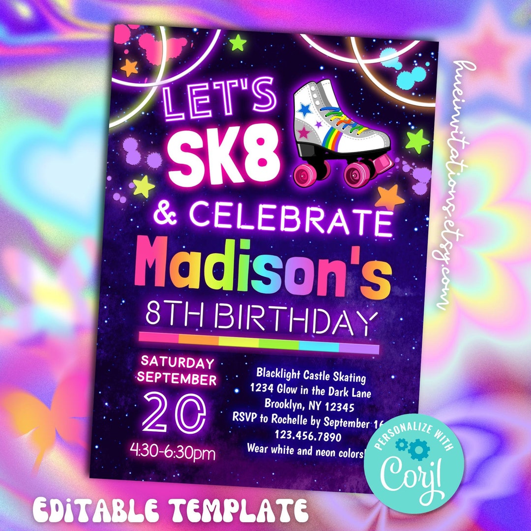 Skate & Celebrate Birthday Party Invitation | Glow Roller Skating 8th ...