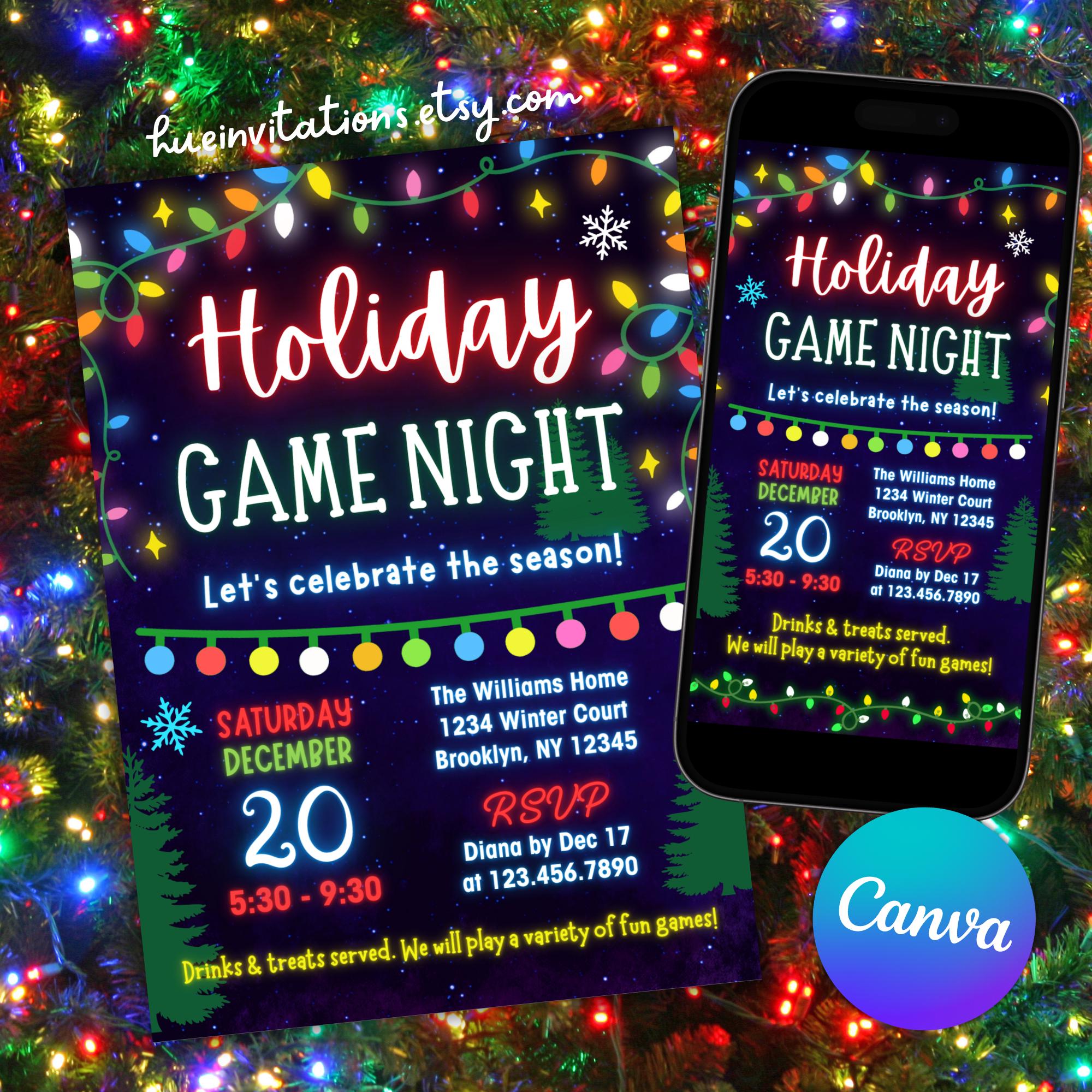 Holiday Game Night Invitation Editable With Canva | Easy to Edit ...