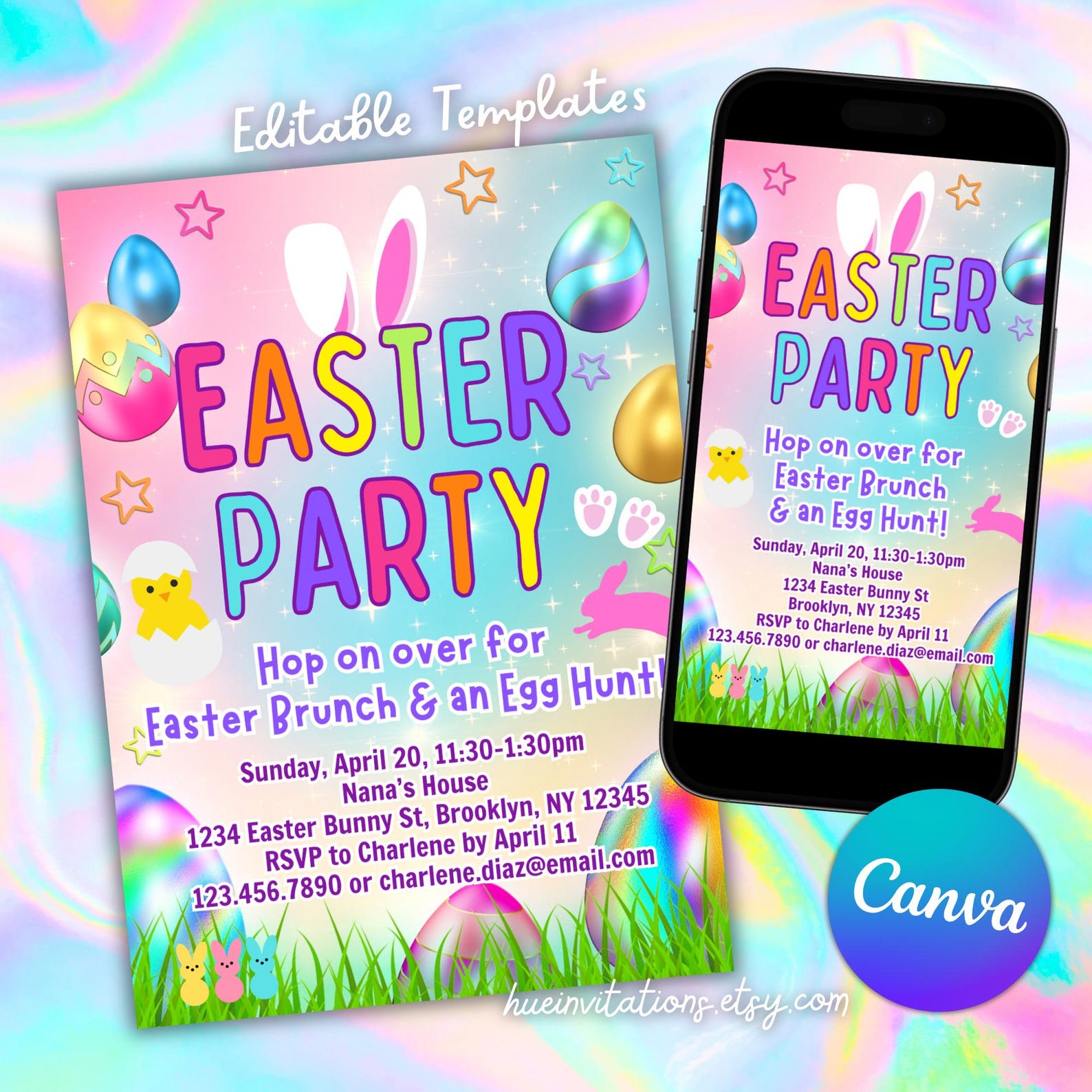 Editable Easter Party Invitation Canva Template | Cute Bunny Egg Hunt ...