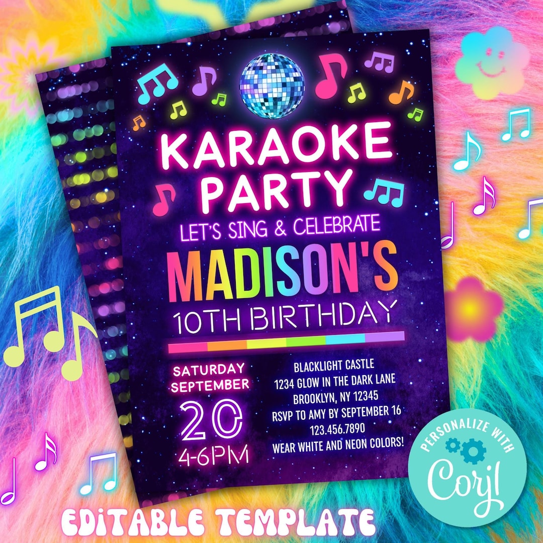 Glow Karaoke Party Birthday Invitation Editable Template | Bright ...