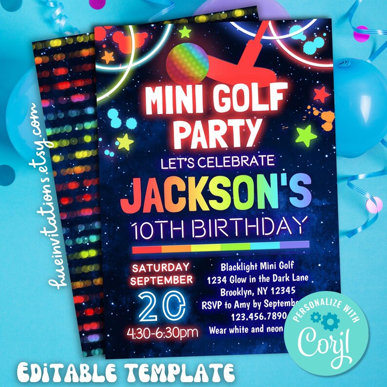 Boys Mini Golf Birthday Party Invitation Editable Template | Glow ...