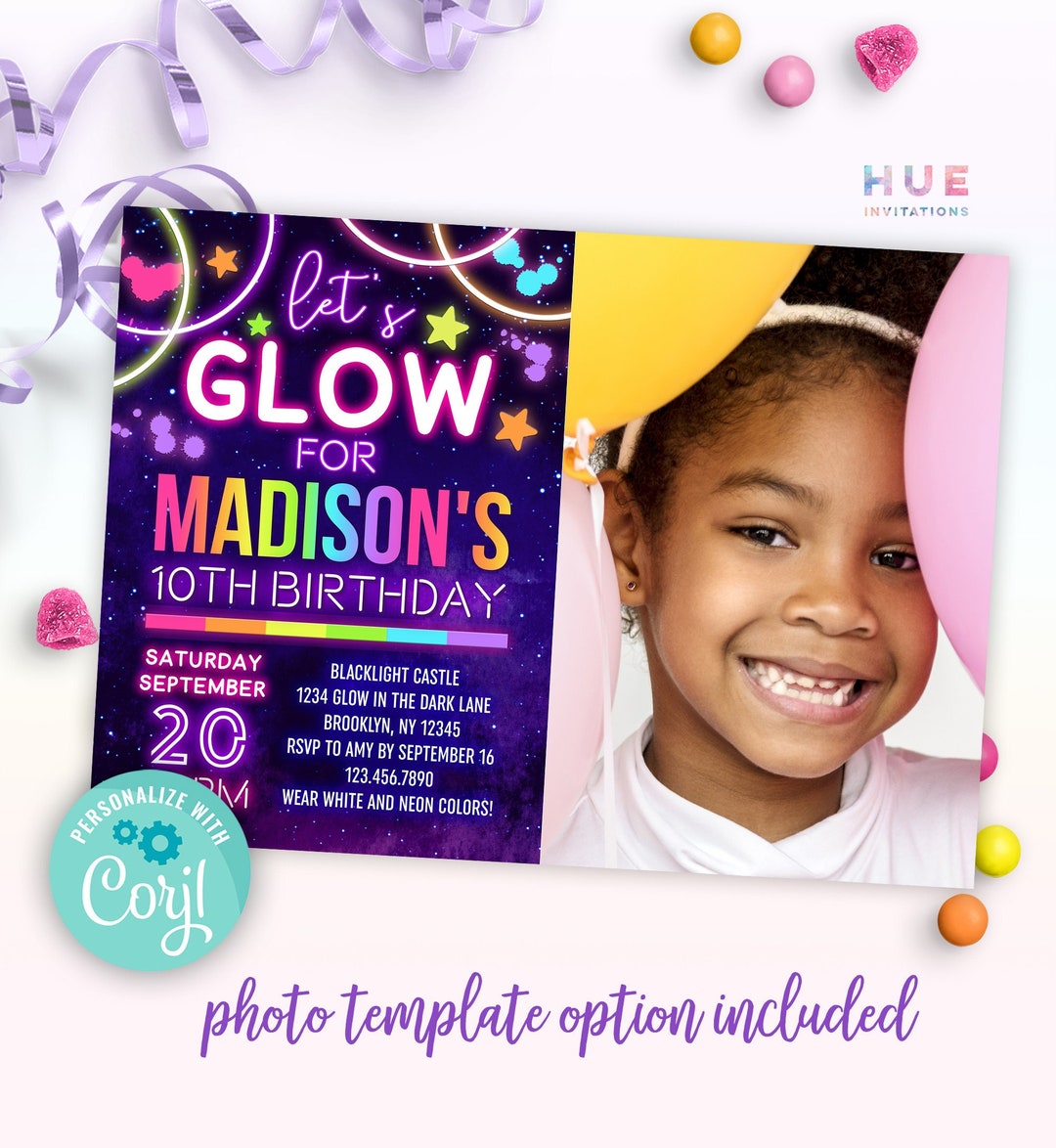 Neon Glow Party Editable Invitation With a Photo | Glow in the Dark Led ...
