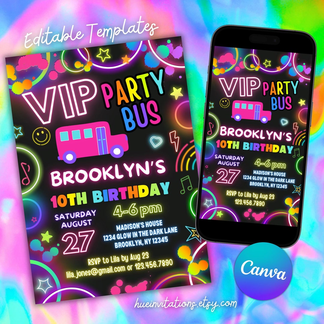Party Bus Birthday Invitation for Girls Editable With Canva | Pink Spa ...
