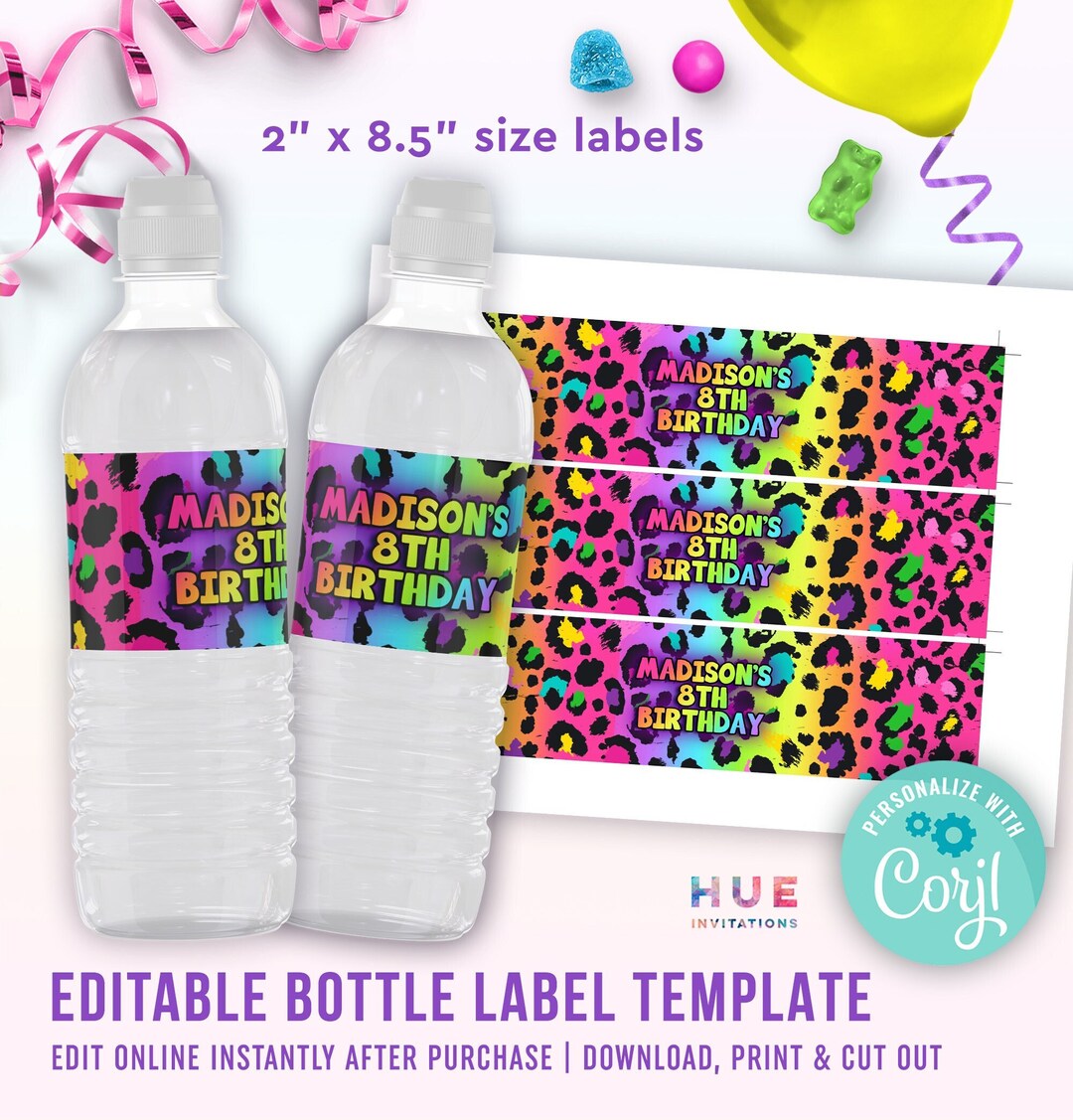 Rainbow Leopard Print Water Bottle Labels Template | Cute Colorful ...