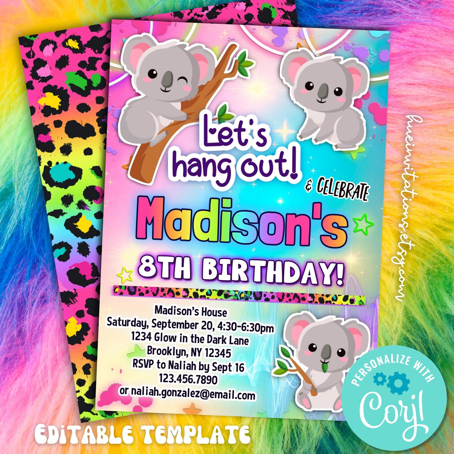 Cute Koalas Birthday Party Invitation Editable Template | Let's Hang ...