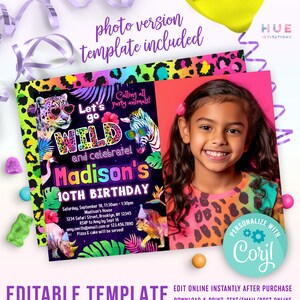Wild Party Animal Birthday Invitation | Rainbow Leopard Zoo Animals ...