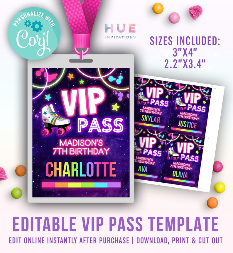 Roller Skating Birthday VIP Pass Editable Template | Rainbow Glow ...