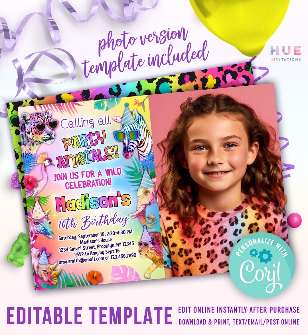 Cute Party Animals Birthday Invitation With a Photo Rainbow Safari ...