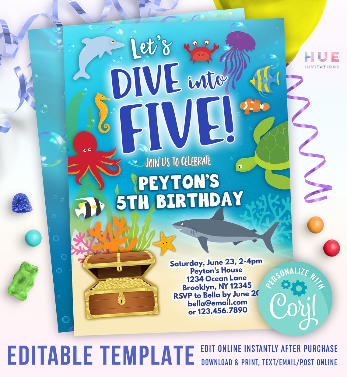 Dive Into Five 5th Birthday Invitation for Boy or Girl | Under the Sea ...