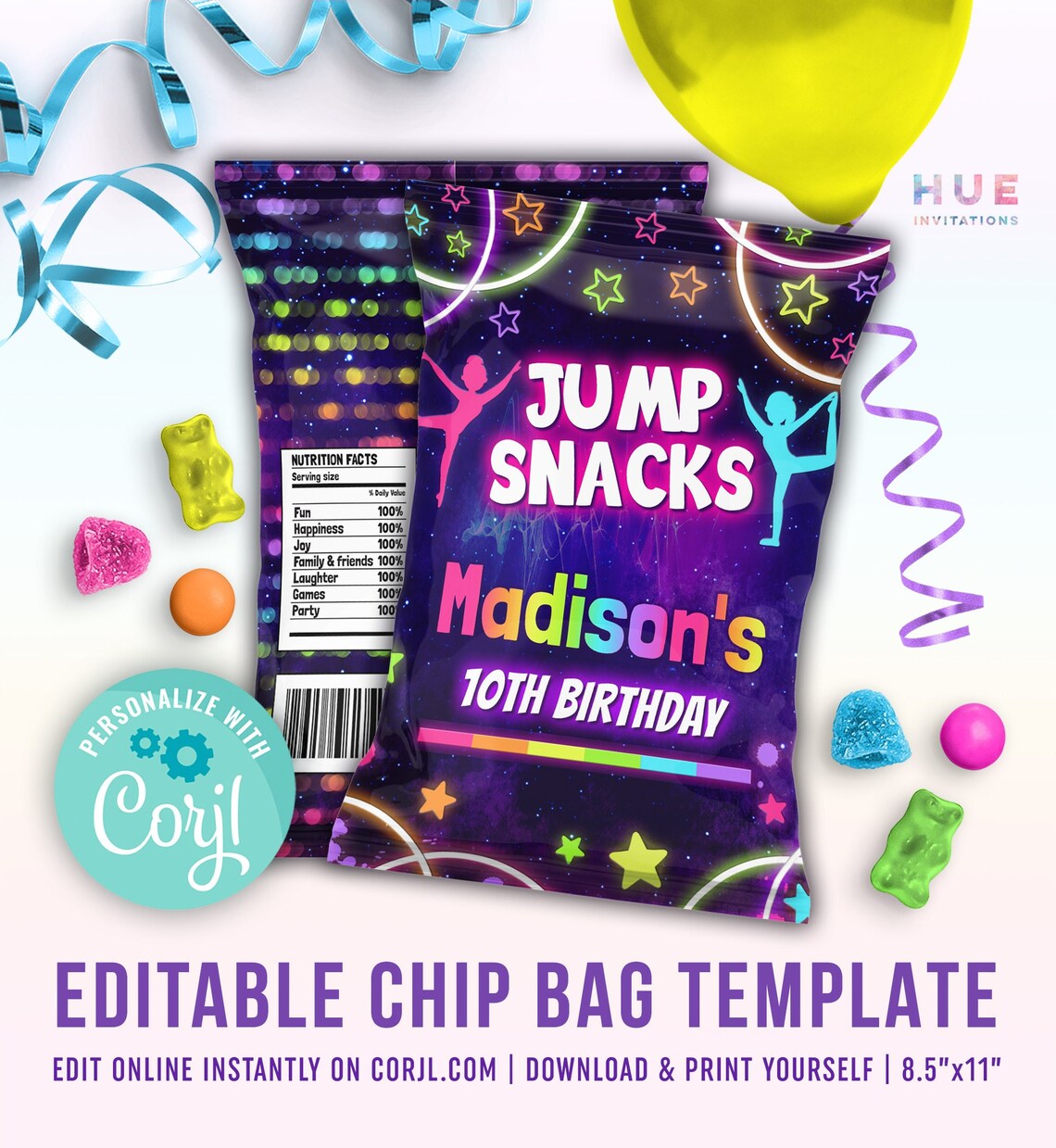Gymnastics Birthday Chip Bag Labels Editable Template | Girls Rainbow ...
