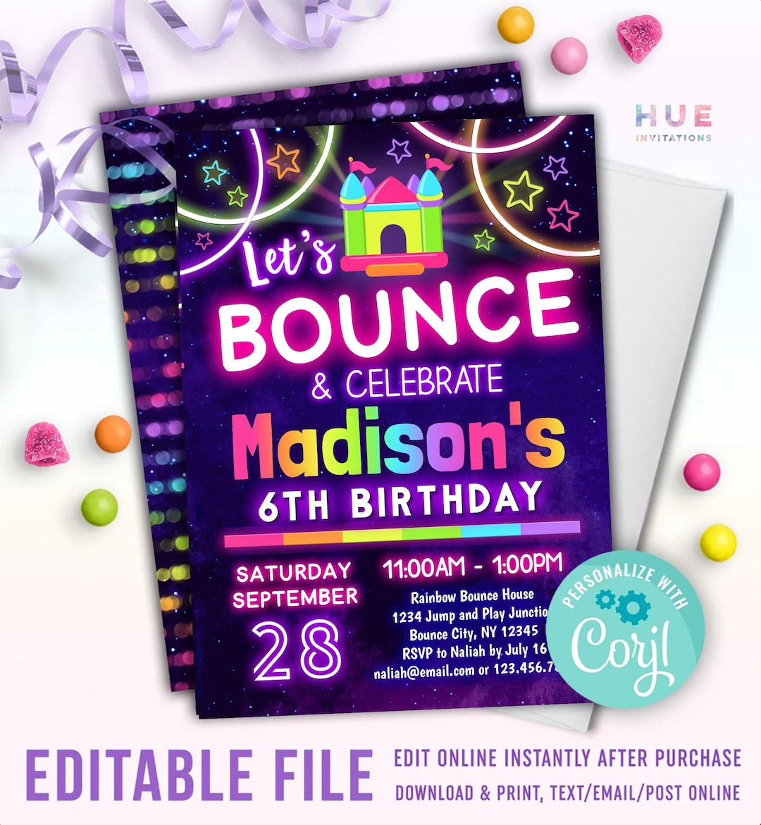 Disco Bounce House Birthday Party Invitation | Let's Bounce and Play ...