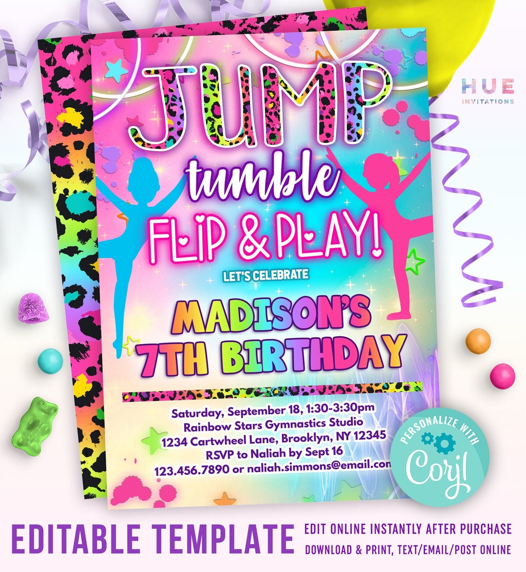 Leopard Gymnastics Invitation Editable Template | Jump Tumble Flip ...