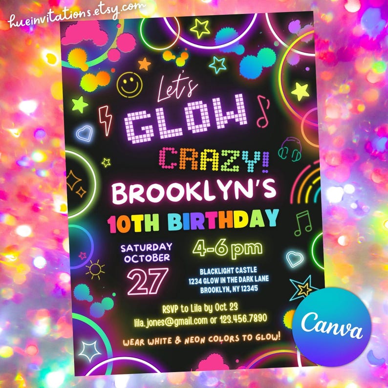 Neon Glow Crazy Birthday Invitation | Neon Birthday Invites for Girls ...