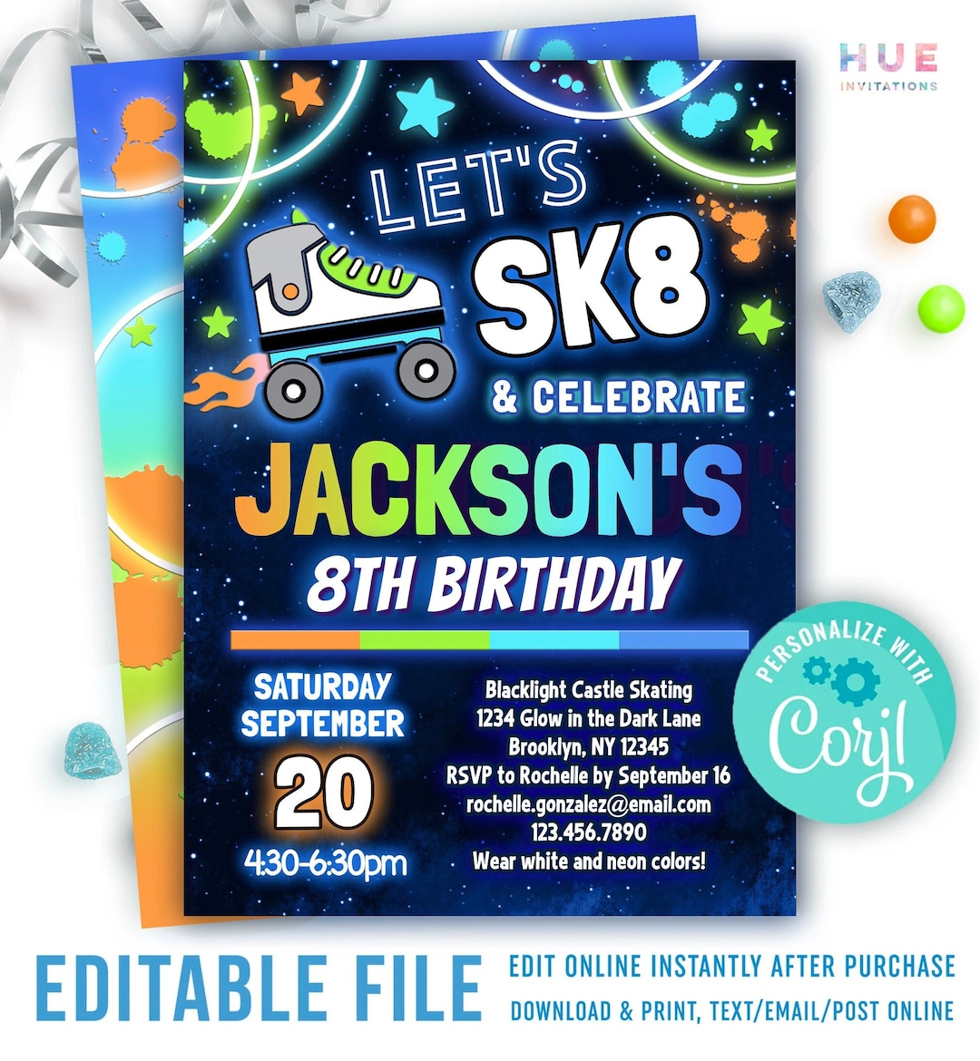 Boys Sk8 & Celebrate Roller Skating 8th Birthday Invitation or Any Age ...