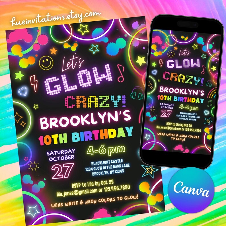 Neon Glow Crazy Birthday Invitation | Neon Birthday Invites for Girls ...