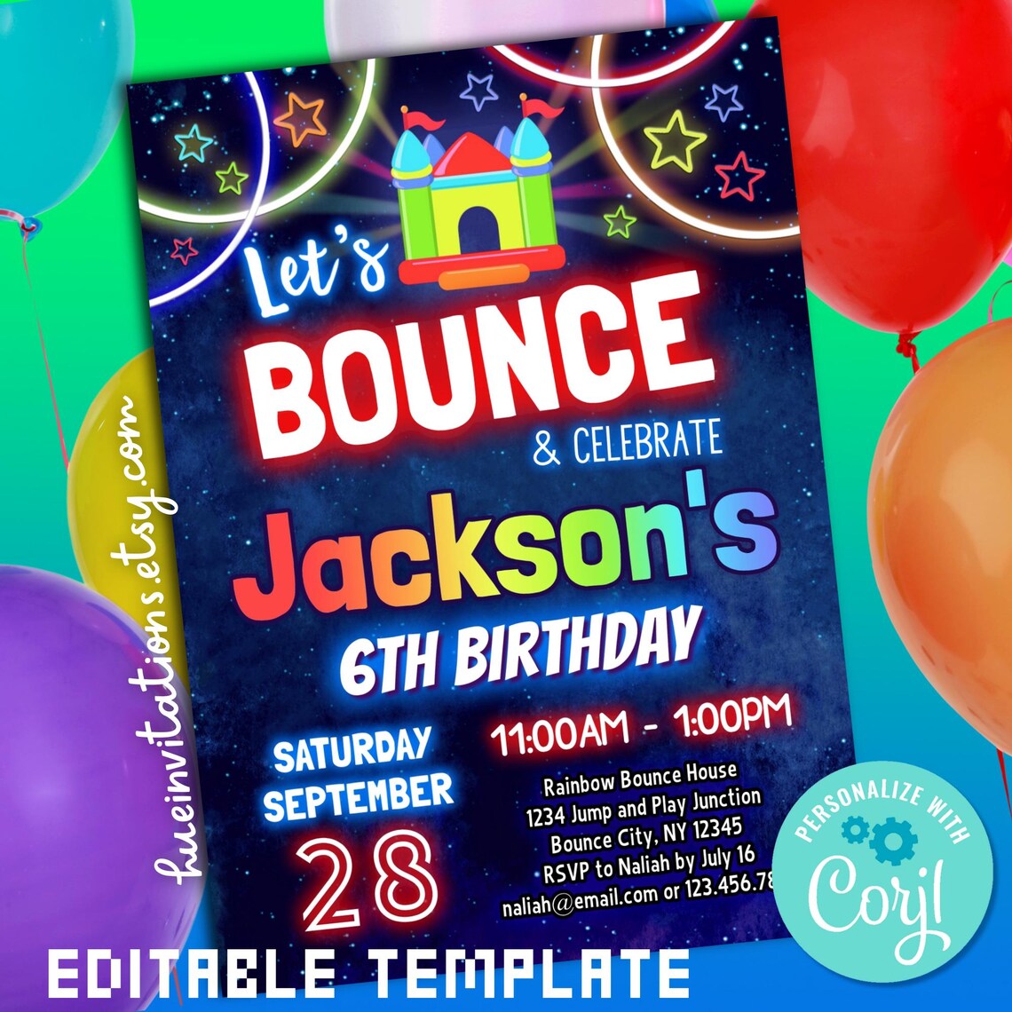 Boys Bounce House Birthday Party Invitation | Let's Bounce and Play ...