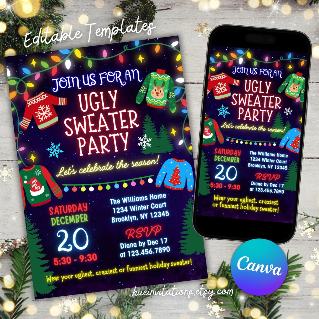 Ugly Sweater Party Invitation Editable With Canva | Easy to Edit Ugly ...