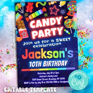 Candy Theme Birthday Invitation for Boys and Girls Editable Template ...