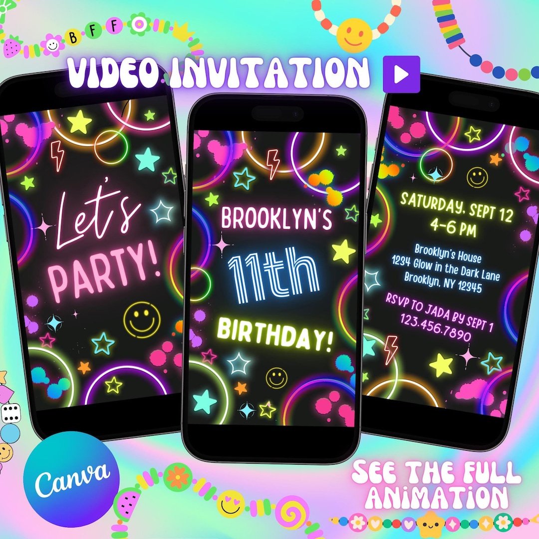 11th Birthday Party VIDEO Invitation Editable With Canva | Neon Party ...