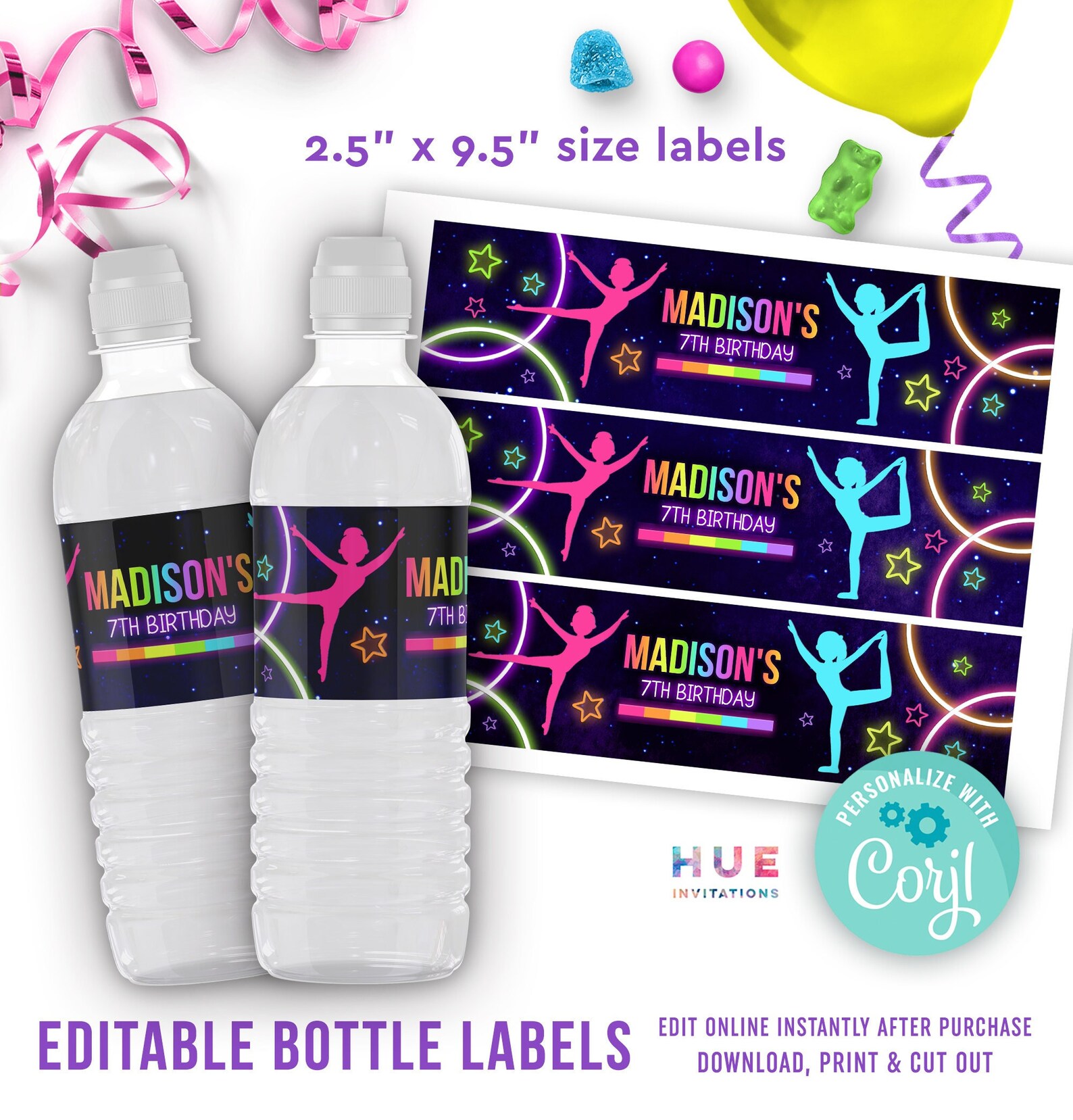 Editable Gymnastics Party Water Bottle Labels Instant Download - Etsy
