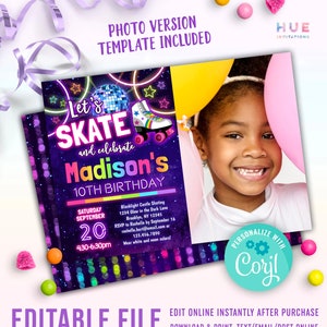 Roller Disco Party Birthday Invitation Editable Template | Rainbow Glow ...