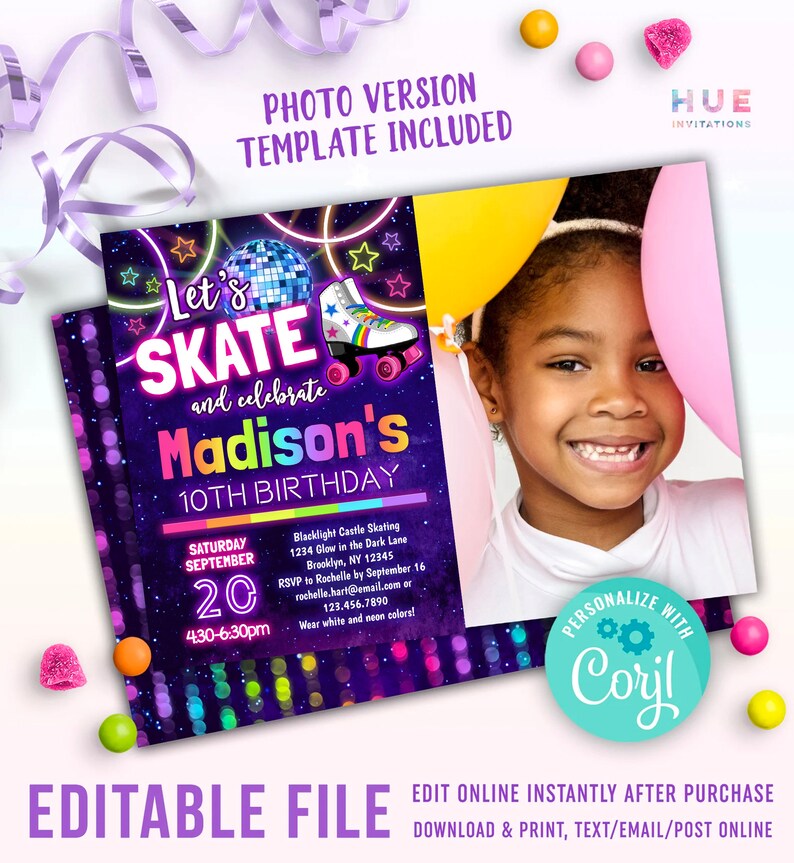 Roller Disco Party Birthday Invitation Editable Template | Rainbow Glow ...