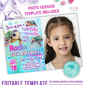 Sea Turtle Pool Party Invitation Editable Template | Turtley Fintastic ...