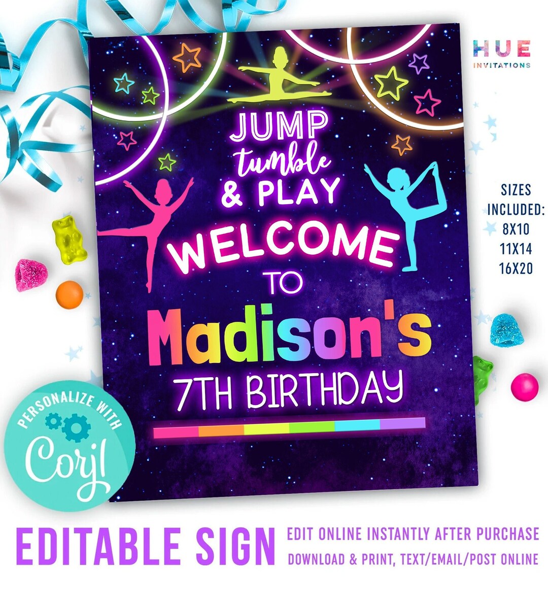 Editable Welcome Sign for Girls Gymnastics Birthday Party | Neon ...