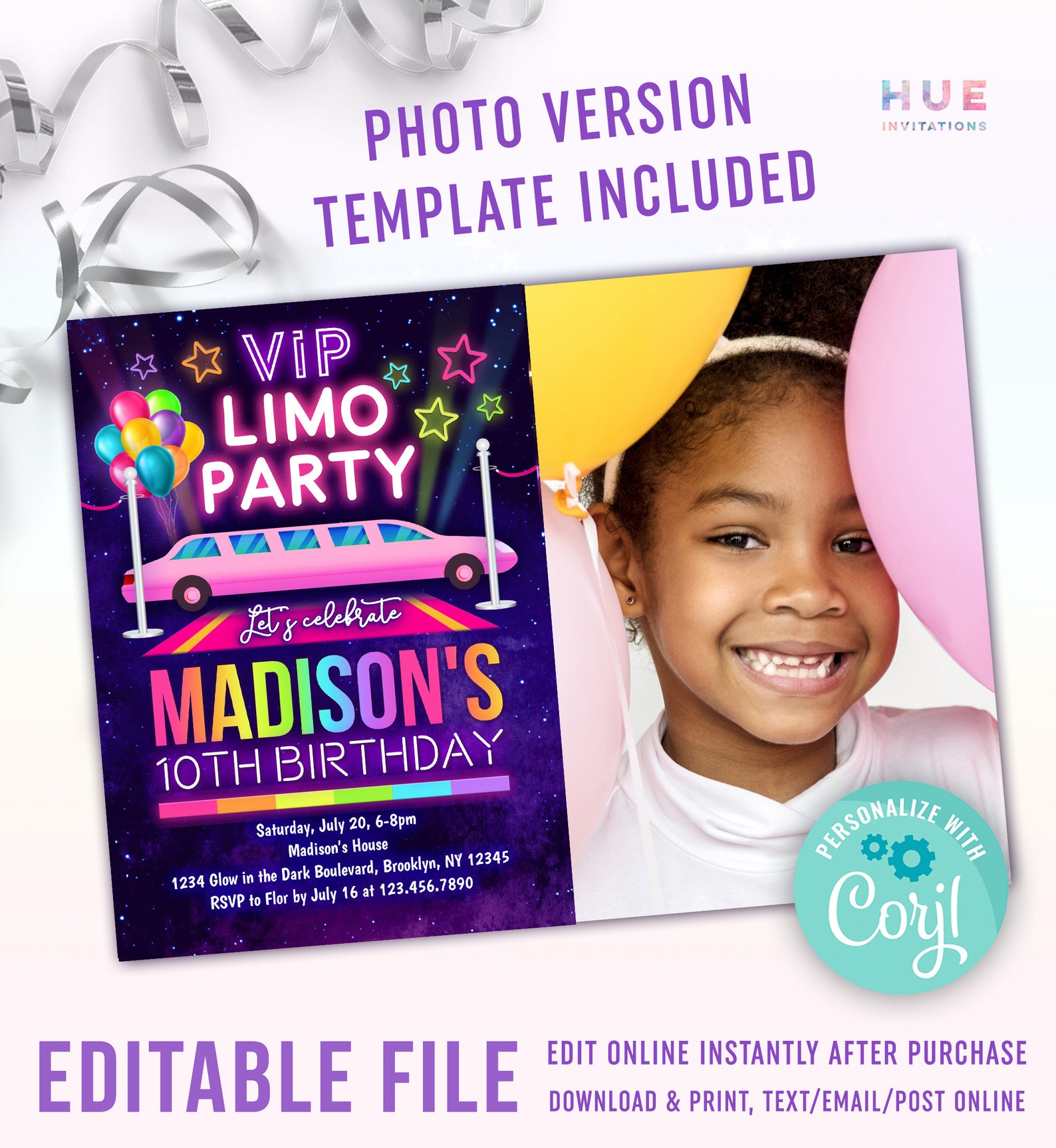 Pink Limo Party Invitation Editable Template | Rainbow VIP Limousine ...