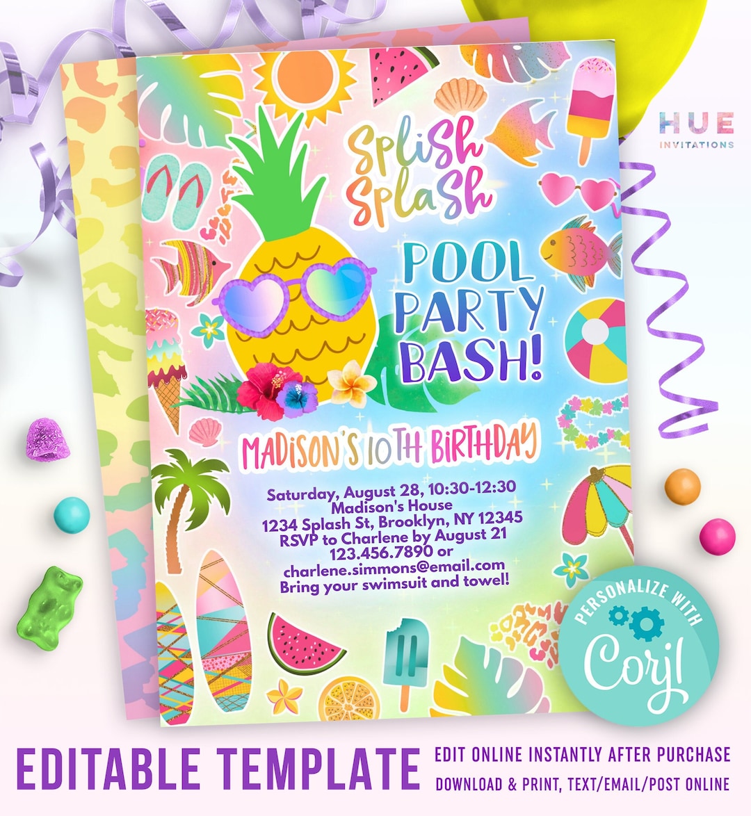 Pineapple Pool Party Birthday Invitation | Splish Splash Hawaiian Theme ...