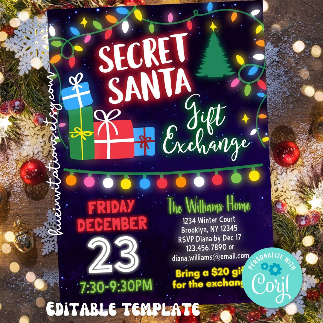 Colorful Secret Santa Party Invitation Editable Template | Holiday Gift ...