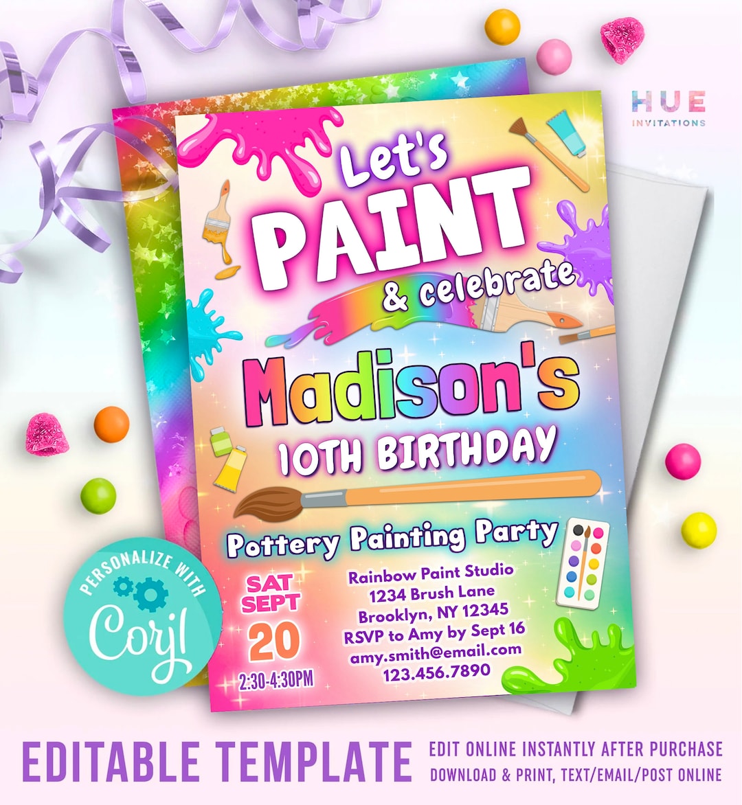 Editable Pottery Painting Party Invitation | Girls Rainbow Ceramics ...