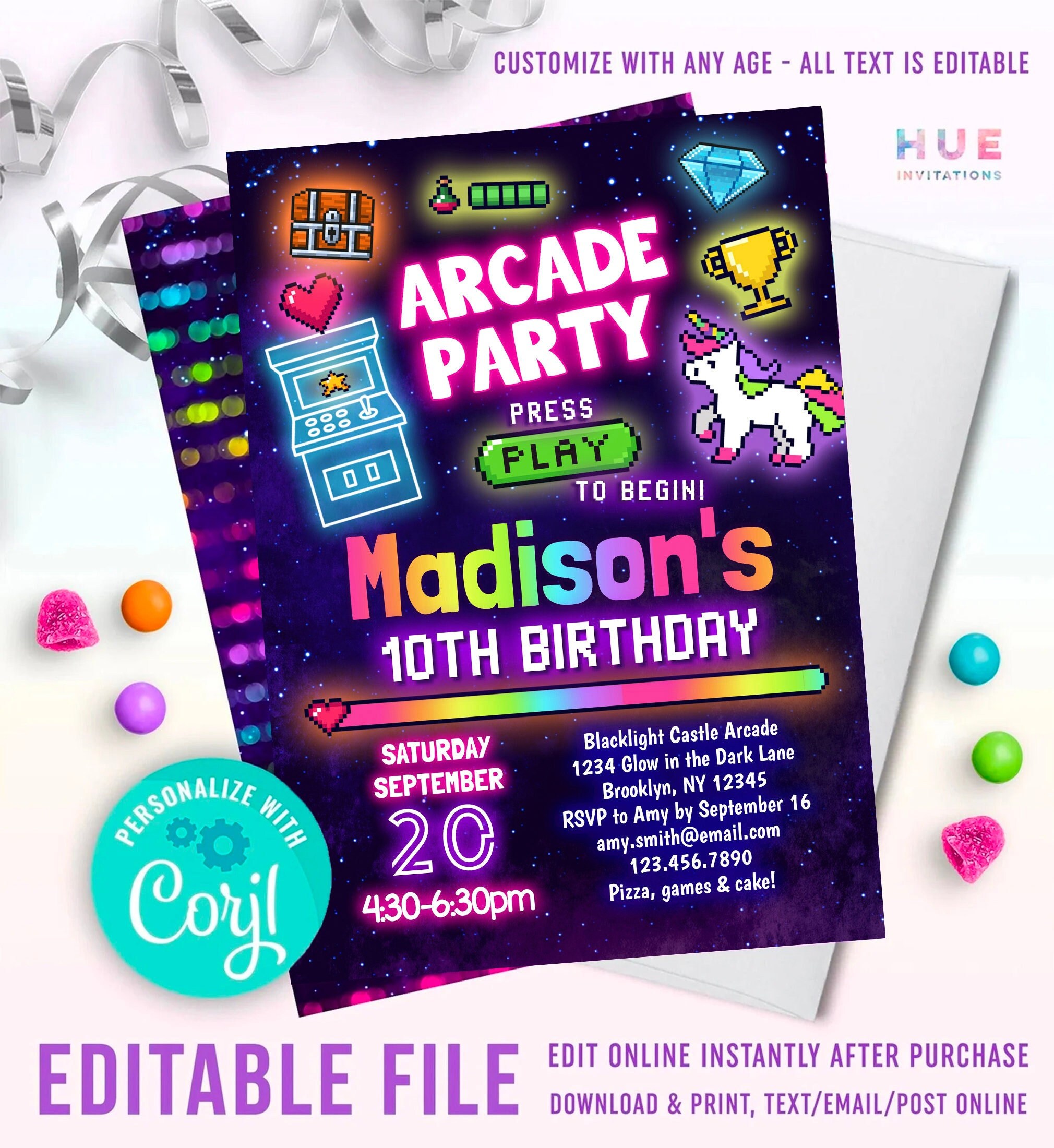 Retro Arcade Party Invitation for Girls With Photo | Neon Rainbow Pixel ...