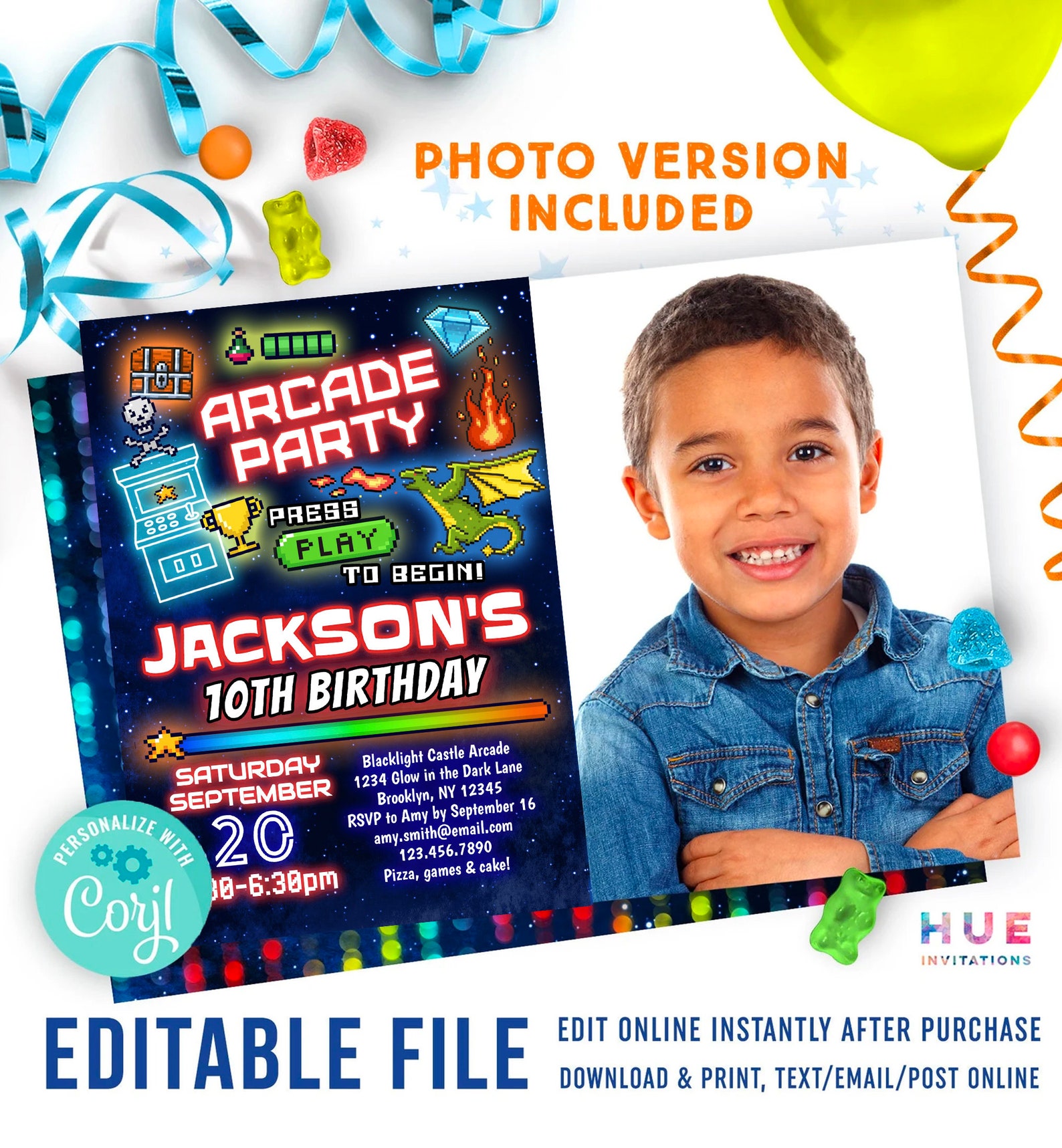 Retro Arcade Party Birthday Invitation Editable Template - Etsy