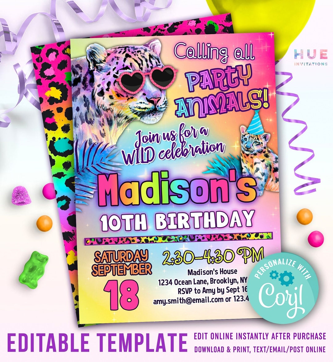Cute Leopard Party Animal Birthday Party Invitation for Girls | Rainbow ...
