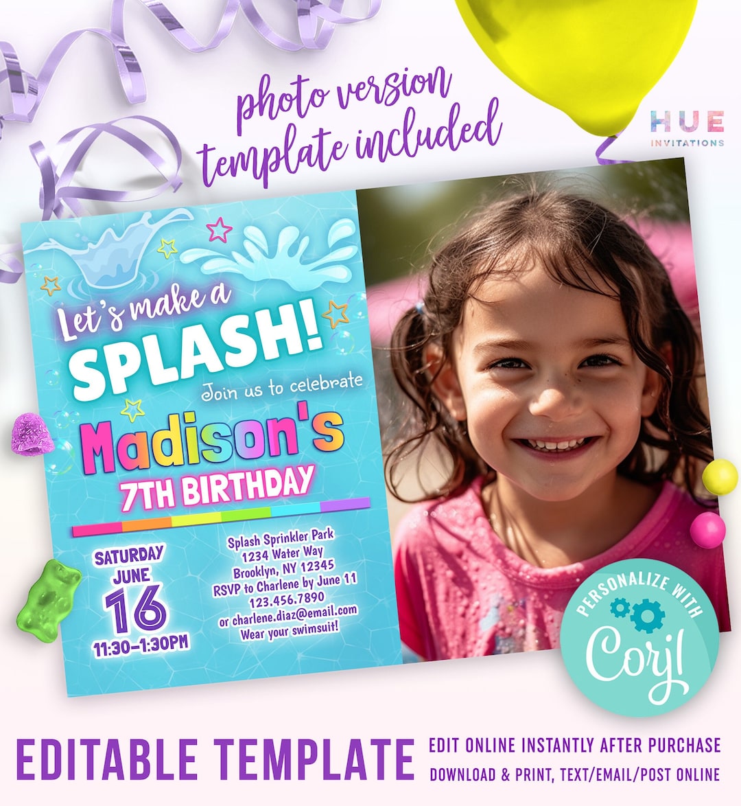 Girls Splash Pad Party Invitation With a Photo | Sprinkler Park ...